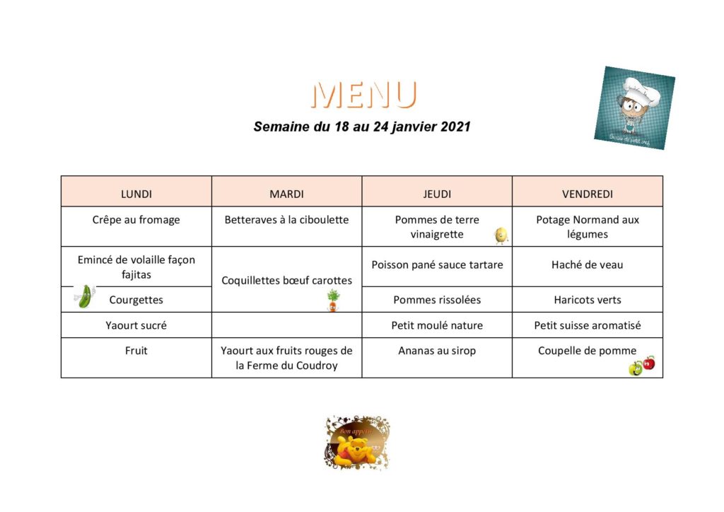 Menus Janvier - Février 2021 - La Houssaye-Béranger